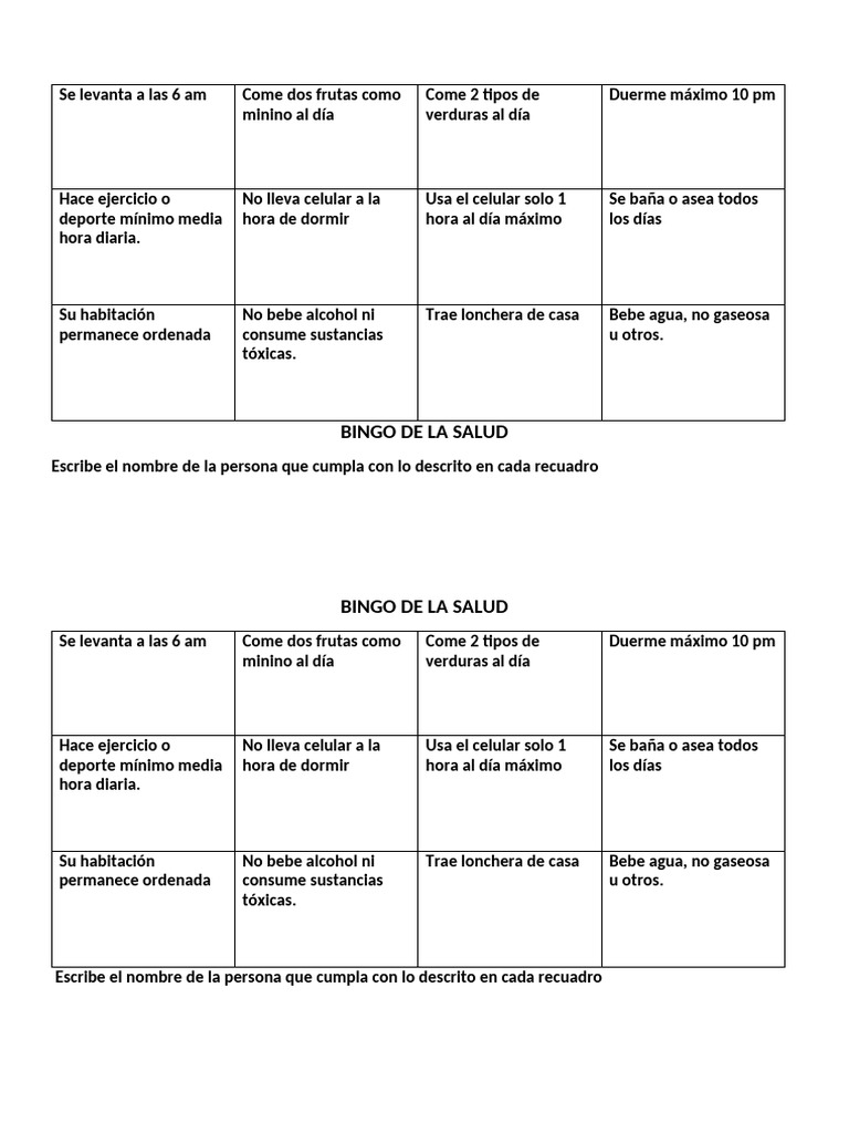 Bingo de Hábitos Saludables | PDF | Refresco