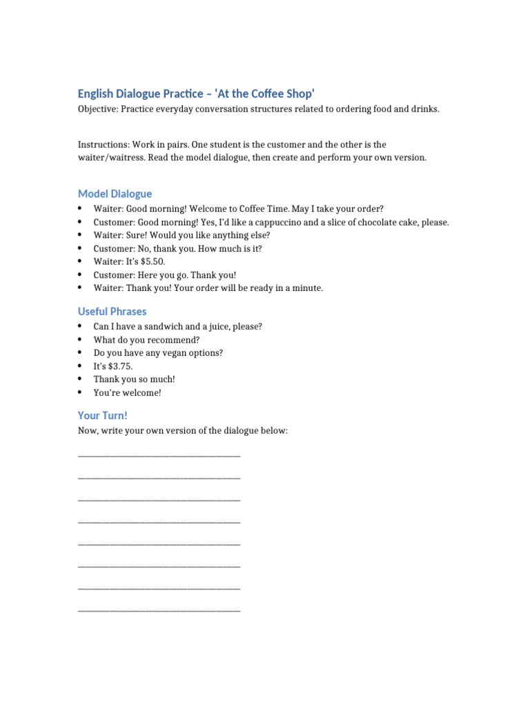 English Dialogue Exercise 2dobachillerato Pdf Waiting Staff Coffee