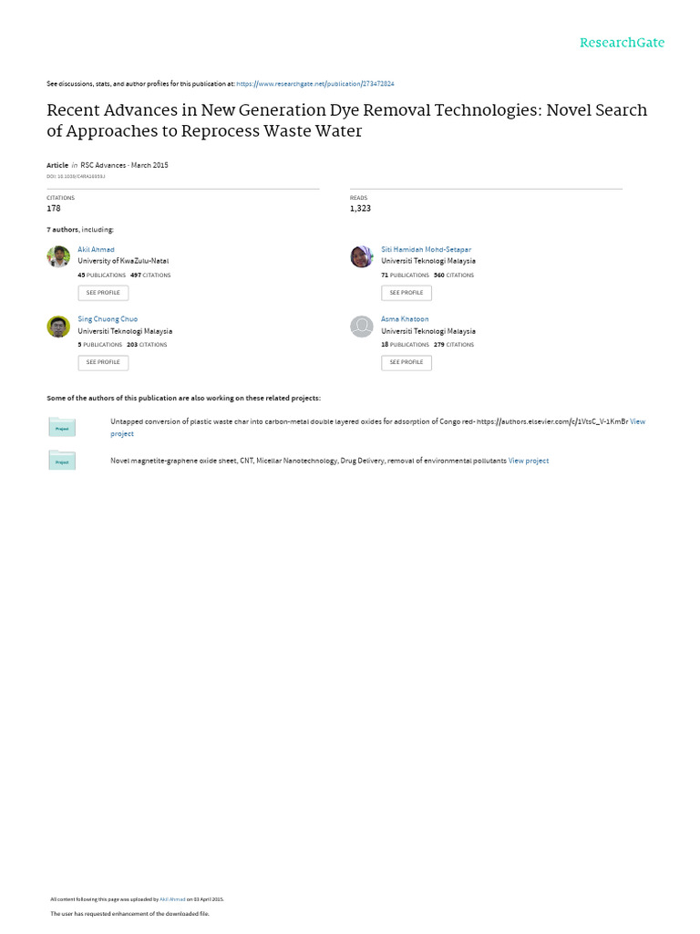 Phenol Removal Several Precesses | PDF | Adsorption | Water
