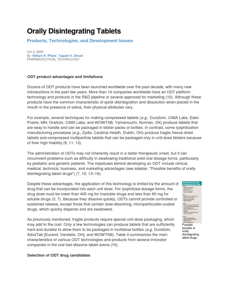 Orally Disintegrating Tablets Overview | PDF | Tablet (Pharmacy ...