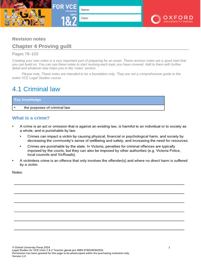 VCE Legal Studies: Criminal Law Notes | PDF | Burden Of Proof (Law ...