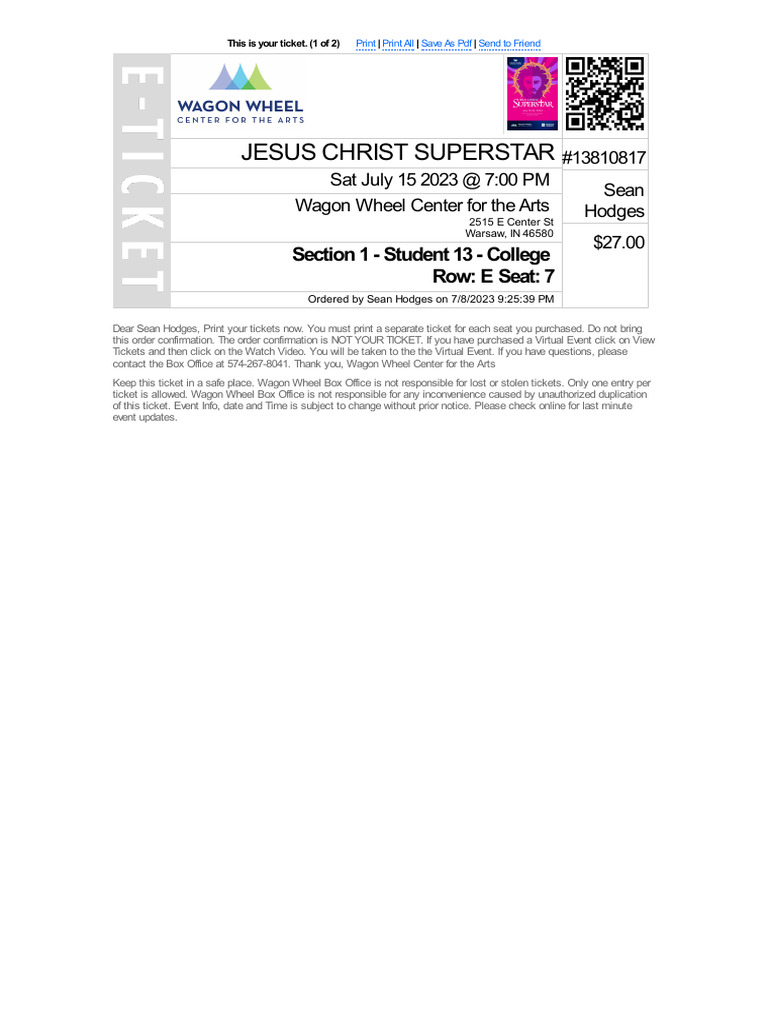 Jesus Christ Superstar Tickets (July 15th) | PDF
