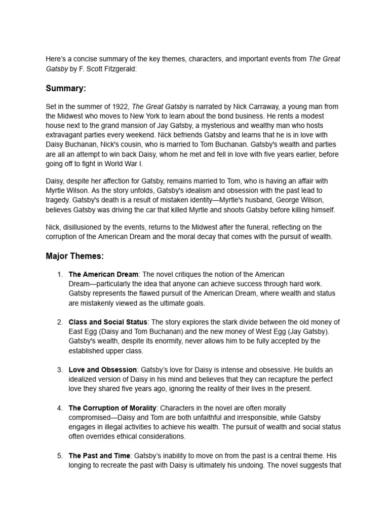 Class Notes For - The Great Gatsby by F. Scott Fitzgerald | PDF | The ...