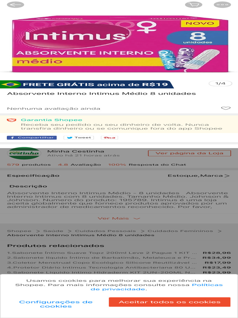 Absorvente Interno Intimus Médio 8 Unidades Shopee Brasil | PDF