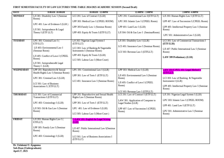 DUT Law Lecture Timetable 2024/2025 | PDF | Political Science | Applied ...