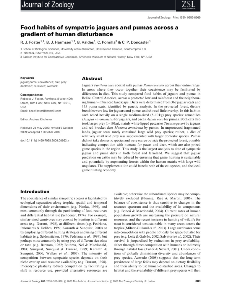 Food Habits of Sympatric Jaguars and Pumas Across A Gradient of Human ...