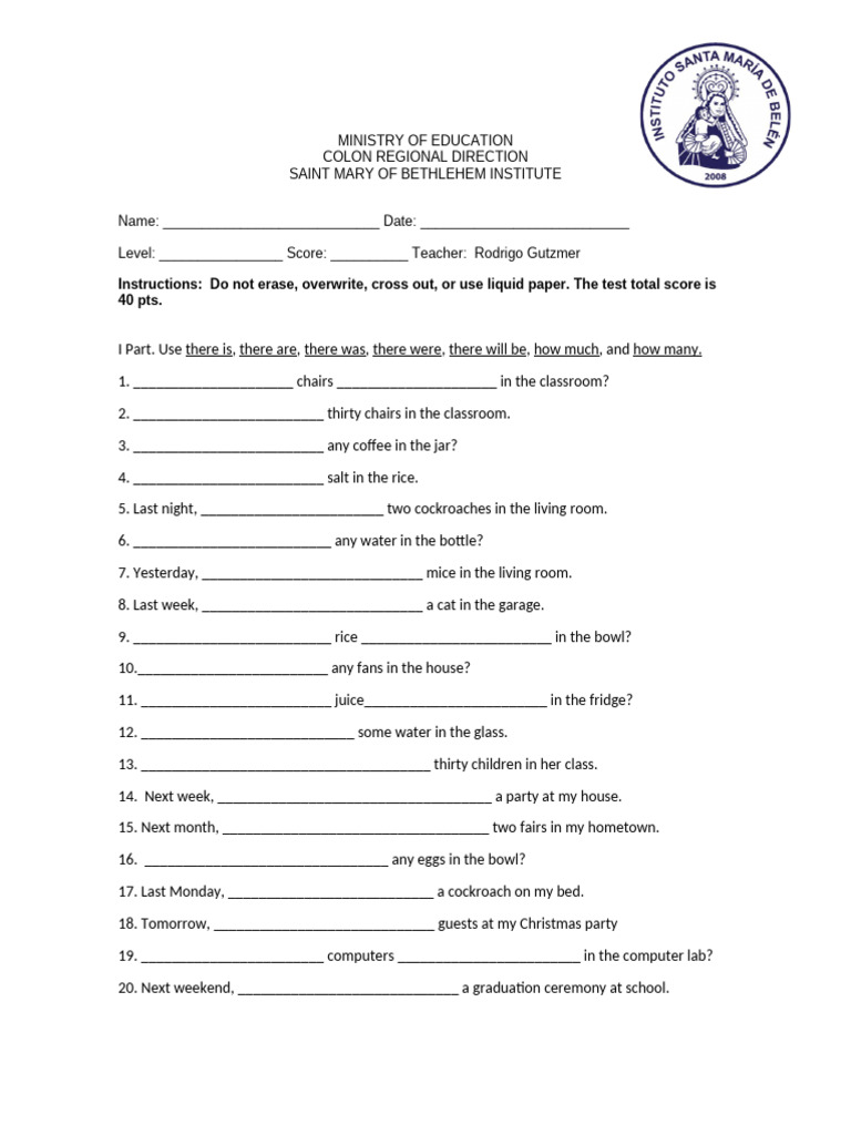8TH GRADE TEST There Is There Are | PDF