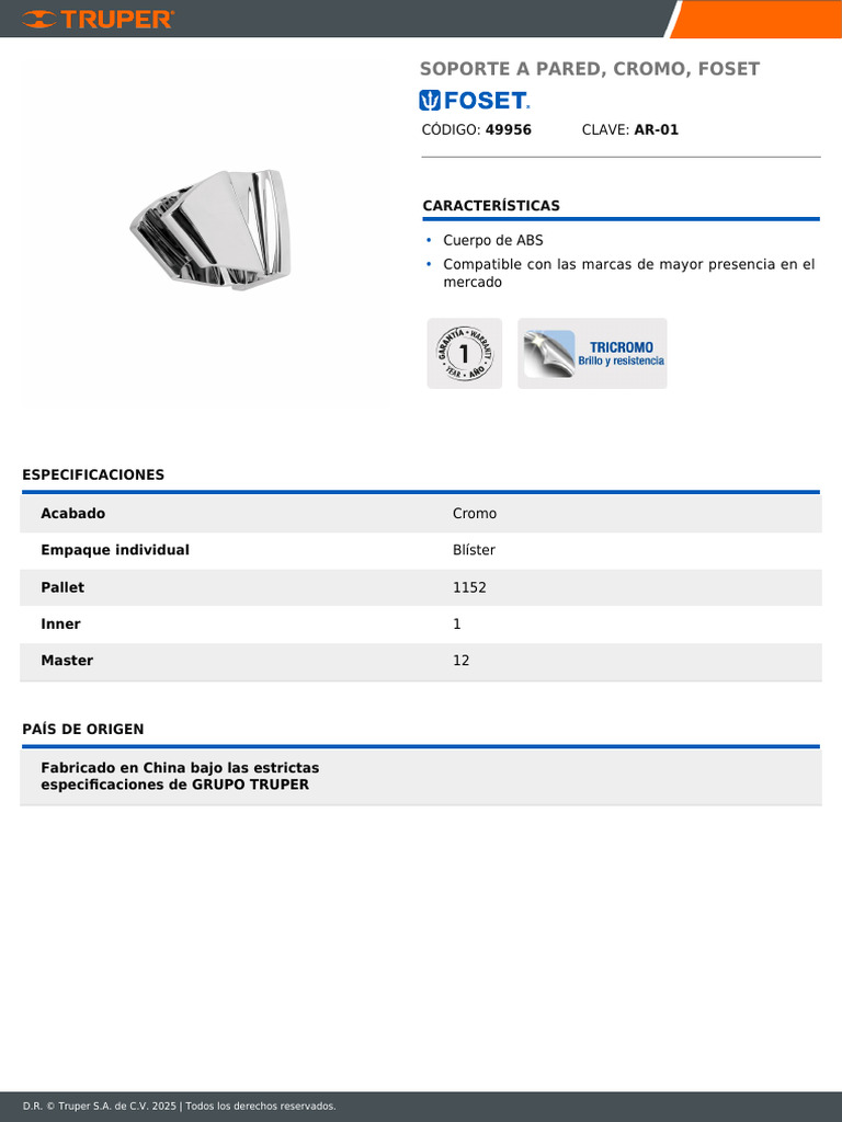 Soporte A Pared, Cromo, Foset: Características | PDF