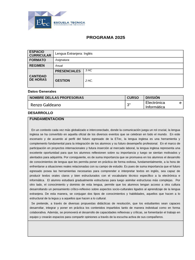 Programa Ingles 3ro 2025 | PDF | Maestros | Traducciones