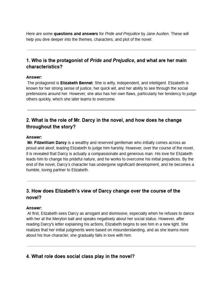 Questions and Answers For Pride and Prejudice by Jane Austen | PDF | Mr ...