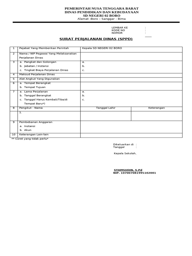 Contoh SPPD SD 02 Boro | PDF