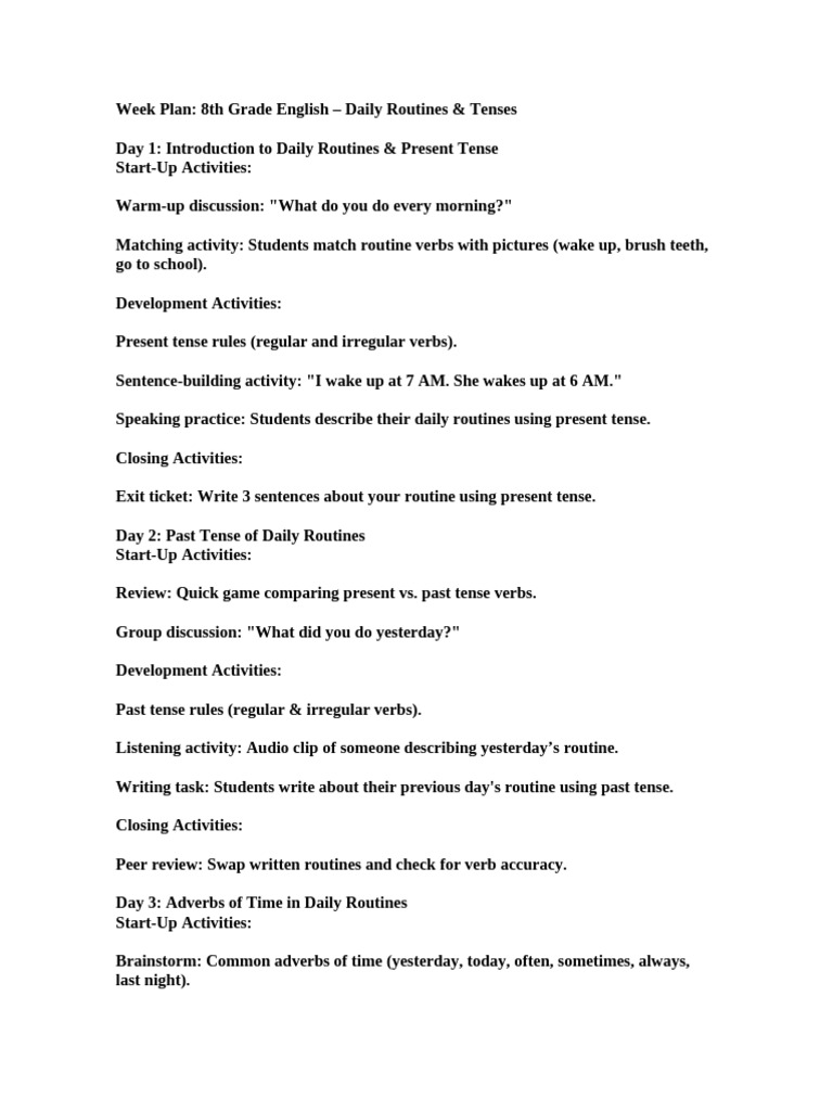 8th Grade Weekly Plan | PDF