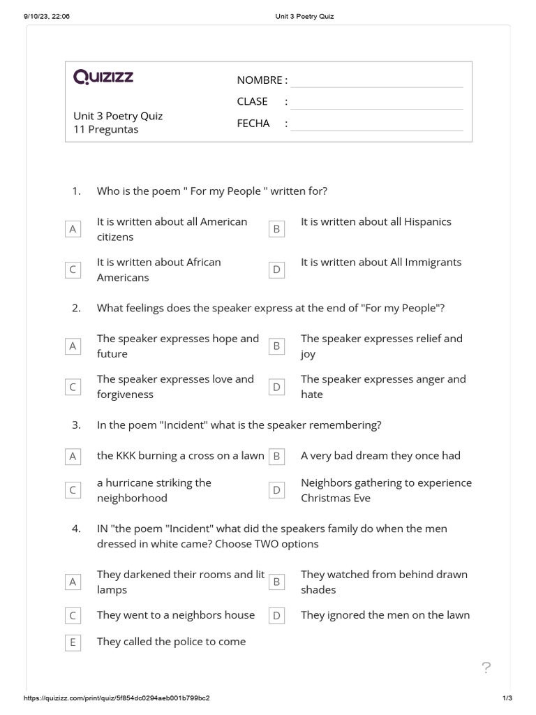 For My People Worksheet 1 | PDF | Poetry