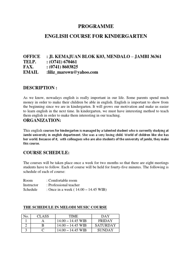 Programme English Course For Kindergarten | PDF | Teachers | English ...