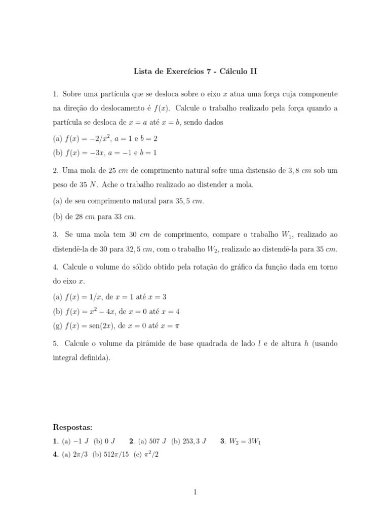 Exercícios de Cálculo II: Trabalho e Volume | PDF