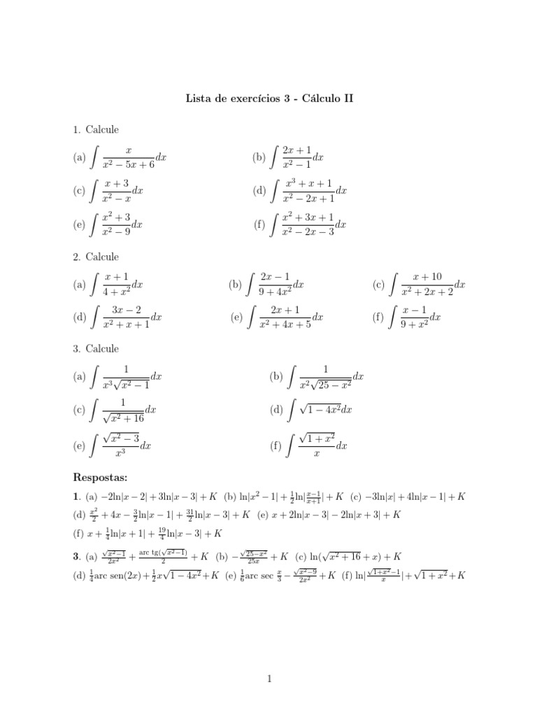 Lista de Exercícios 3 - Cálculo II | PDF