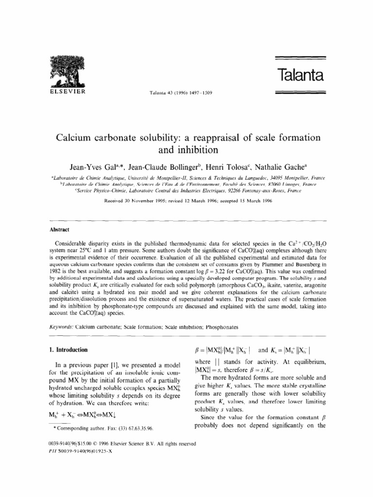 Calcium Carbonate Solubility a Reapprais | PDF | Solubility | Ph