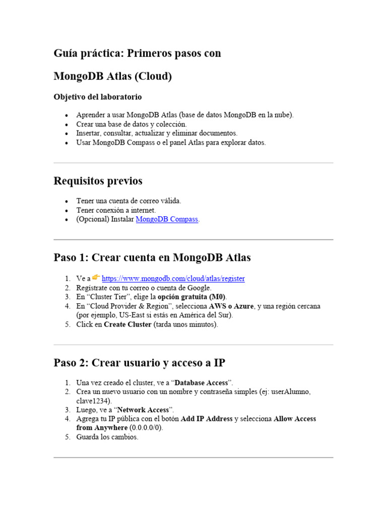 Primeros pasos en MongoDB Atlas | PDF | Mongo Db | Bases de datos