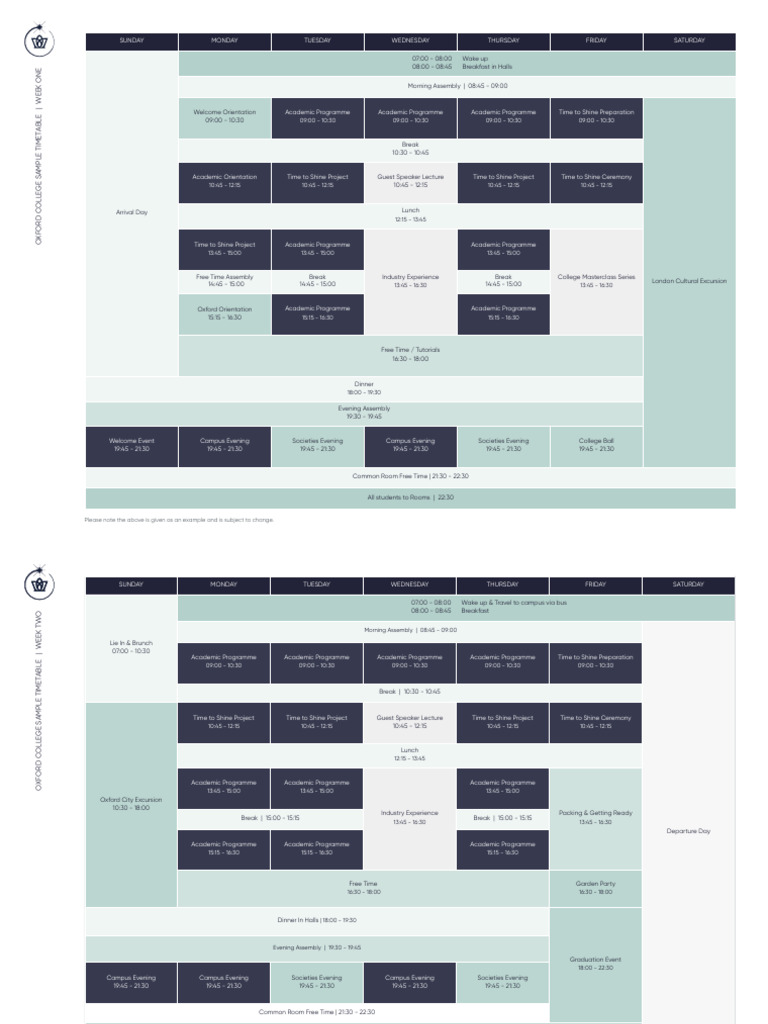Oxford College Weekly Timetable | PDF