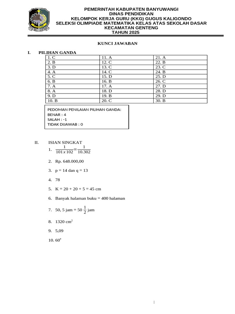 KUNCI JAWABAN SOAL OLIMPIADE MATEMATIKA KELAS ATAS | PDF