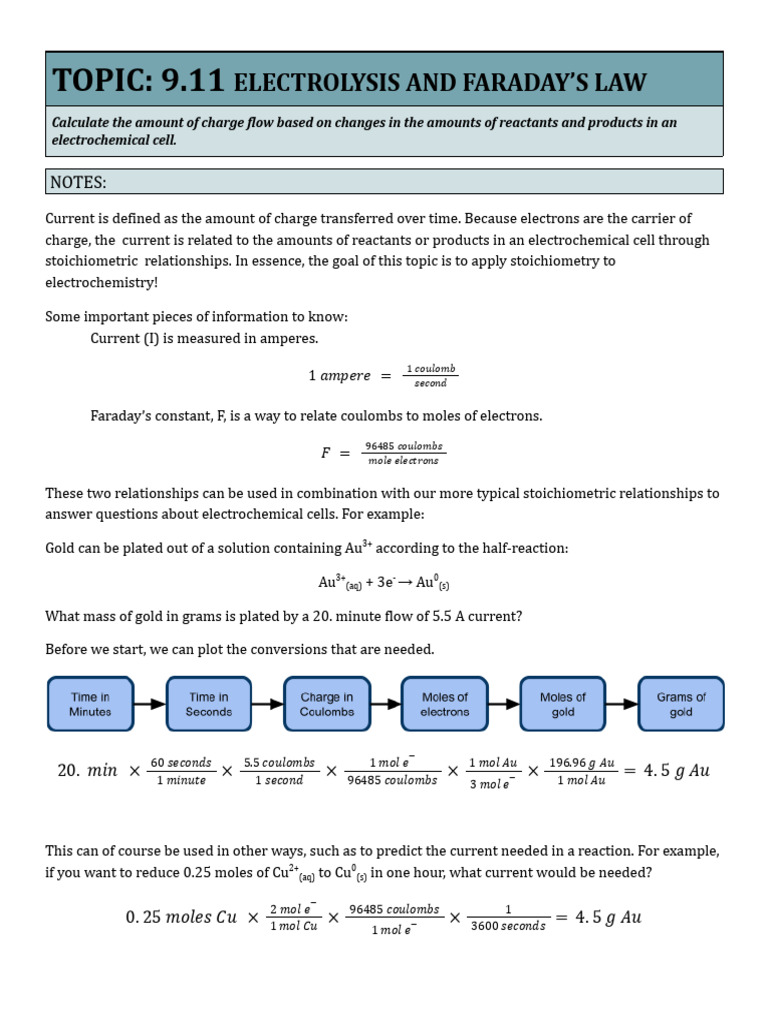Faraday's Law in Electrolysis Calculations | PDF | Electrochemistry ...