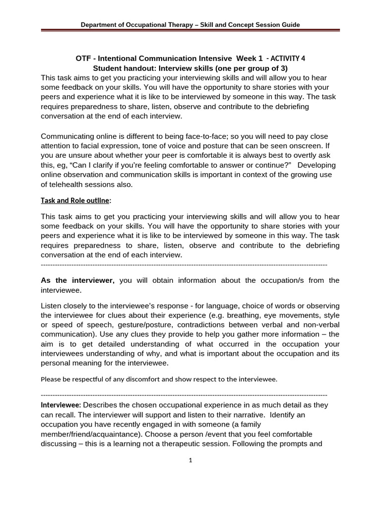 Student Handout Intentional Communication Intensive 1 - Activity 4 ...