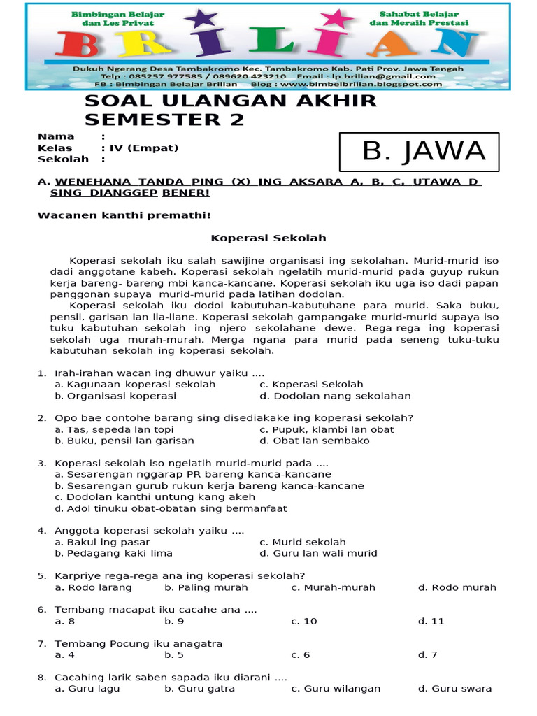 Soal UAS Bahasa Jawa Kelas 4 SD Semester 2 Dan Kunci Jawabannya | PDF
