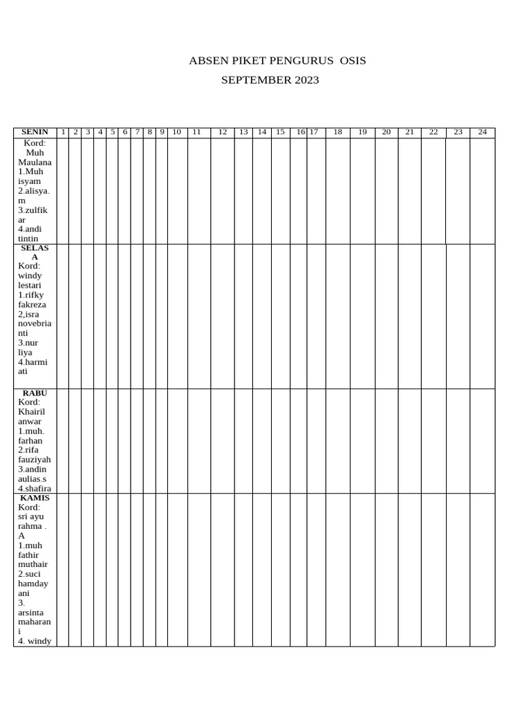Absen Piket Pengurus Osis Terbaru | PDF