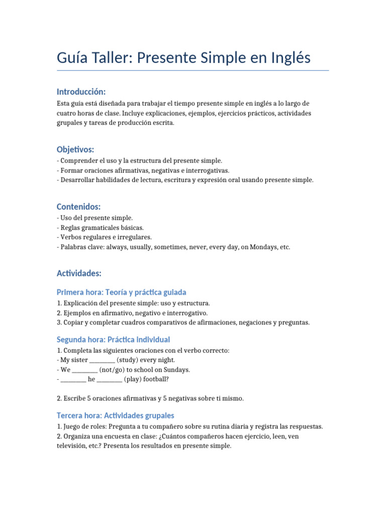 Guia Taller Presente Simple 4 Horas | PDF