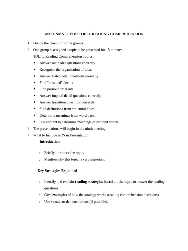 Assignmnet For Toefl Reading Comprehension | PDF
