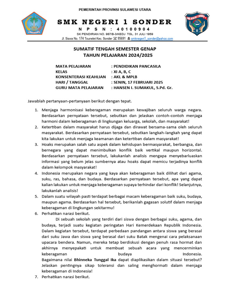 Soal STS Pendidikan Pancasila Genap Kelas XI A B C | PDF