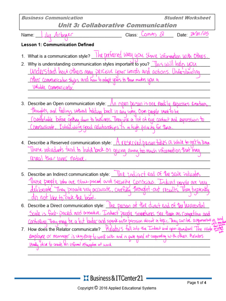 Bccomm3 Student Worksheet (1) Collaborative Communication Unit 4 | PDF ...