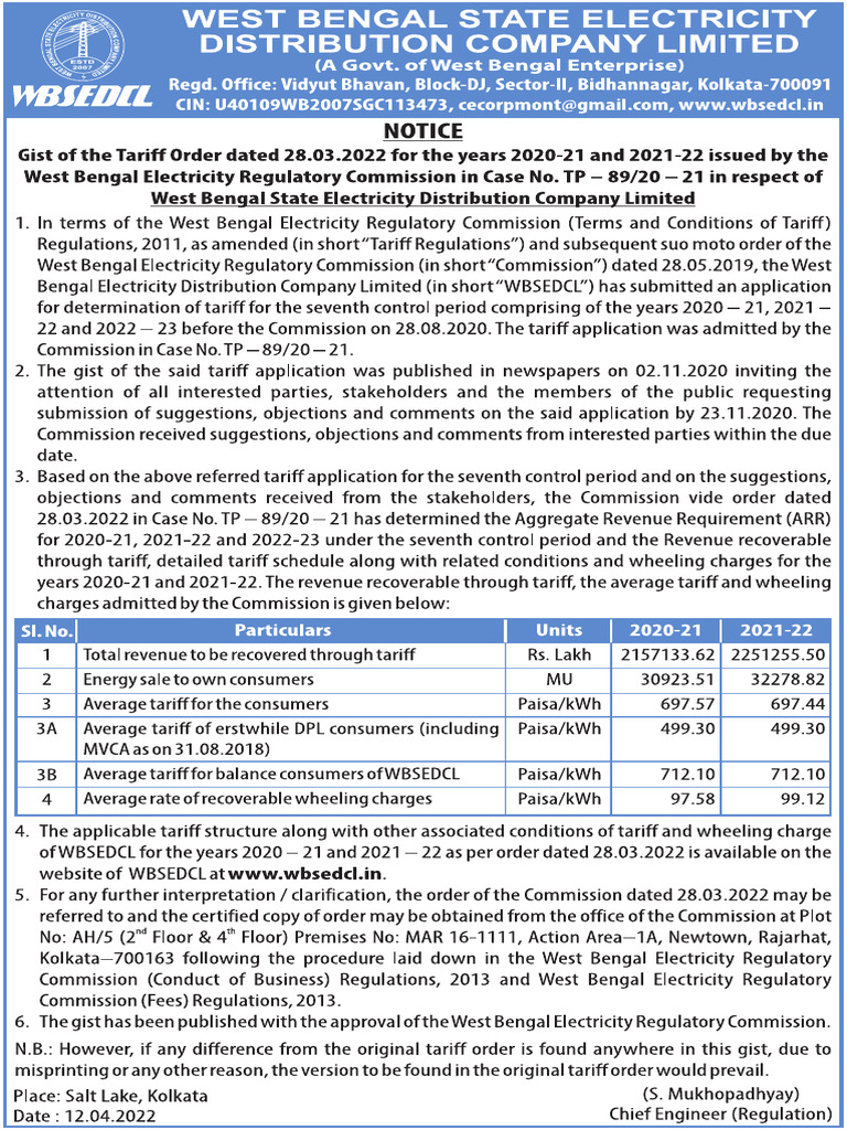 West Bengal Electricity Tariff 2021 | PDF | Economies | Electrical ...
