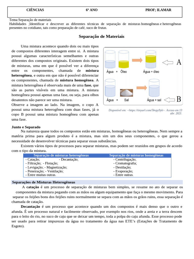 6 Ano Separacao de Misturas Homogeneas e Heterogeneas | PDF | Mistura ...