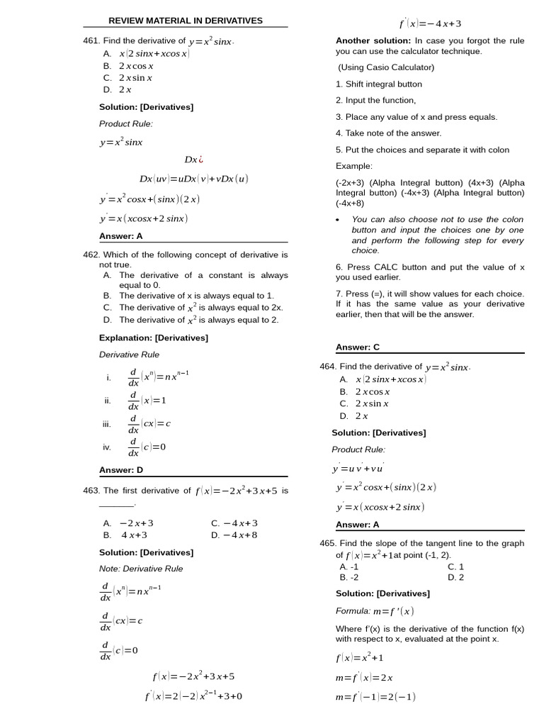 Derivatives Review and Solutions Guide | PDF | Slope | Tangent