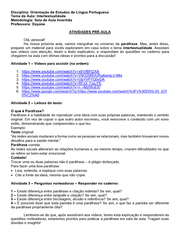 Atividade Pré-Aula Intertextualidade OELP | PDF
