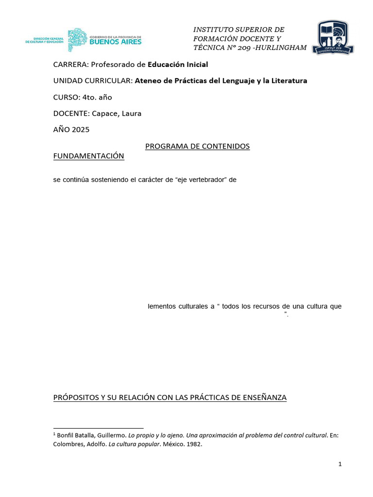 PROGRAMAS Ateneo de Practicas Del Lenguaje y La Literatura INICIAL 2025 ...