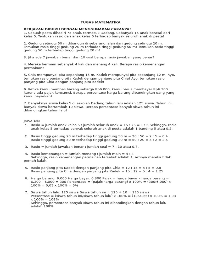 Rasio dalam Soal Matematika Kelas 5 | PDF