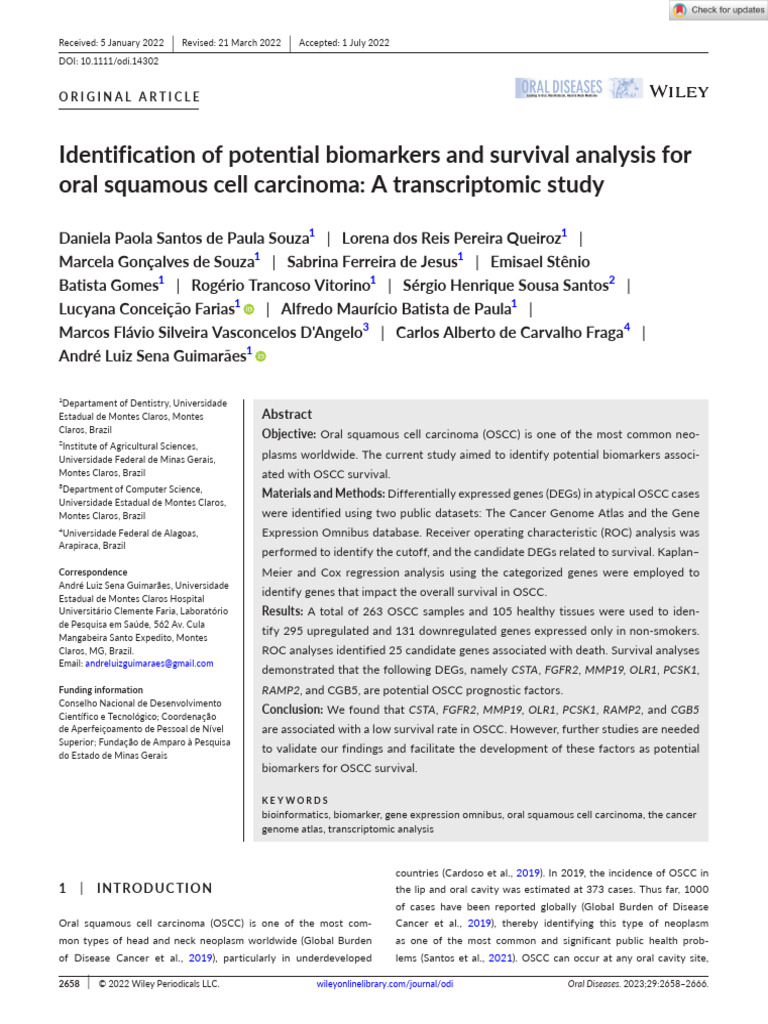 Oral Diseases - 2022 - Paula Souza - Identification of Potential Biomarkers and Survival ...