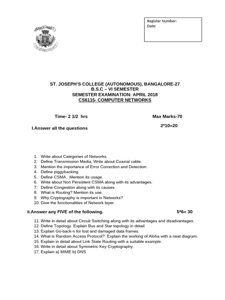 6th Sem Computer Science CS 6115 - Computer Networks April 2018 B | PDF