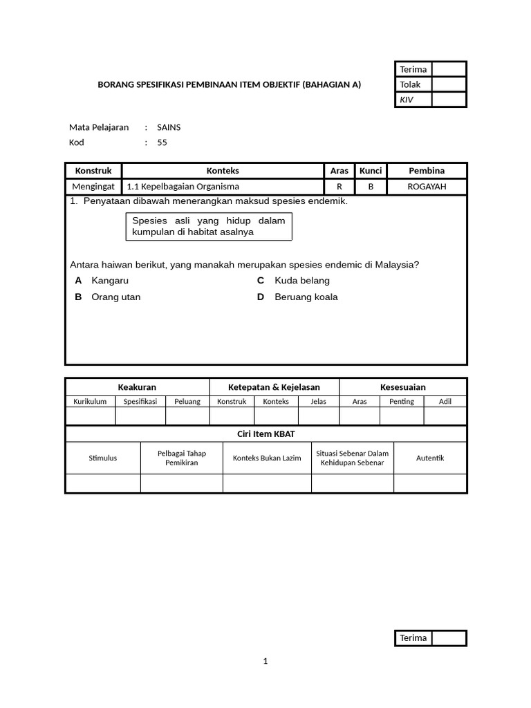 Borang Topi Kasut Item BHGN A Sains T2 2024 | PDF