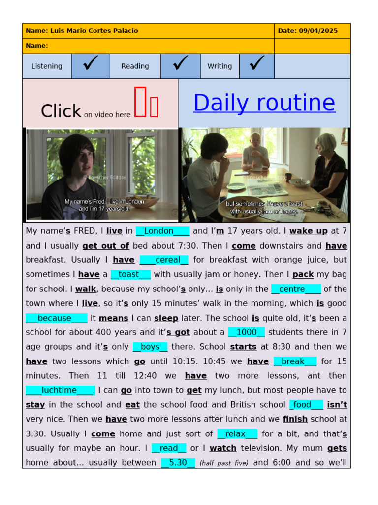 BITÃ - CORA 8 Daily Routine STUDENT 2025 LUIS Y ELIZABETH | PDF | Workweek And Weekend