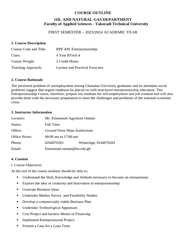 Course Outline On Business Entrepreneurship Skill | PDF ...