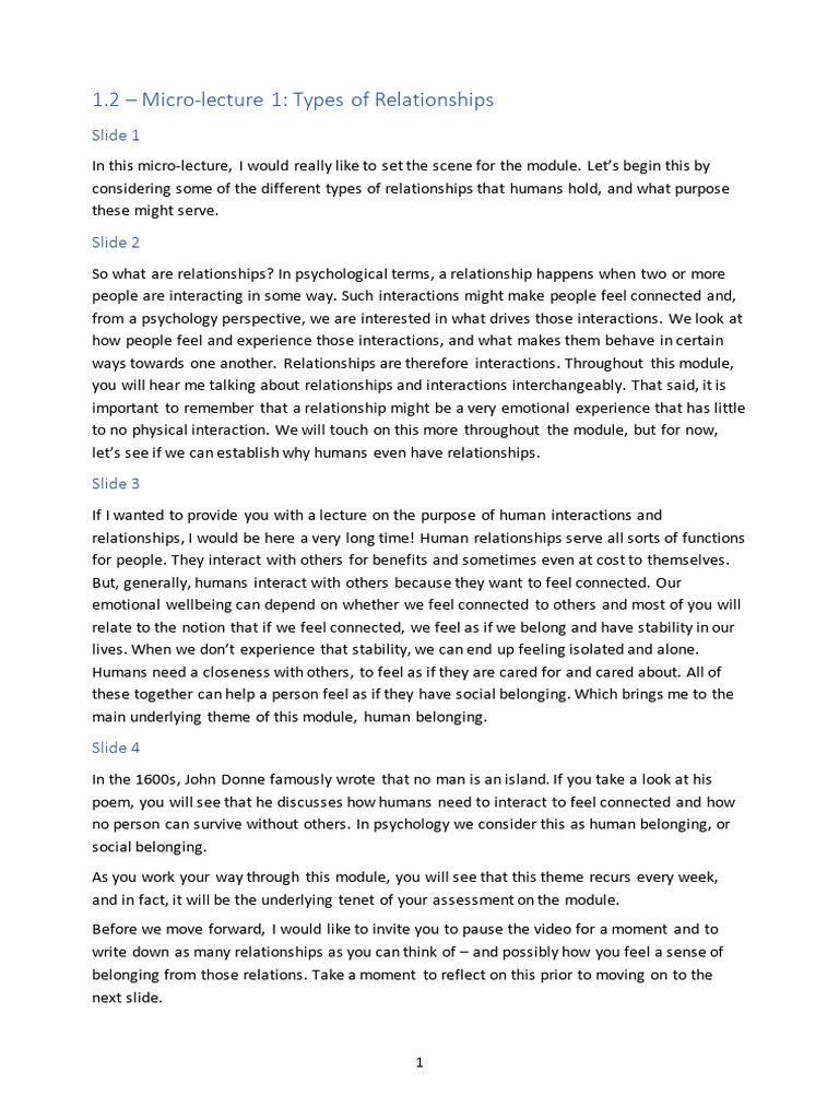 1.2 - Types of Relationships - Transcript | PDF | Interpersonal Relationships | Psychological ...