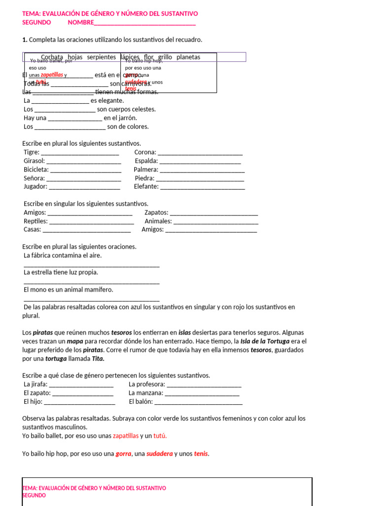 Evaluación Genero y Numero Del Sustantivo | PDF | Sustantivo
