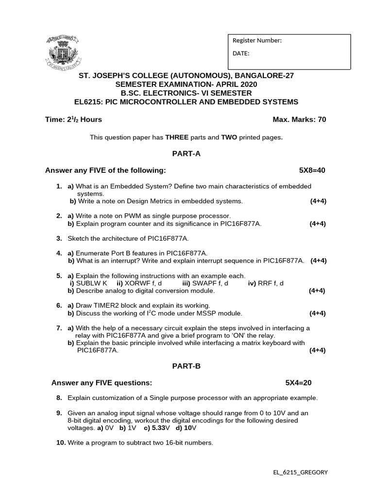 6th Sem Electronics EL 6215 - PIC Microcontroller and Embedded Systems April 2020 A | PDF ...