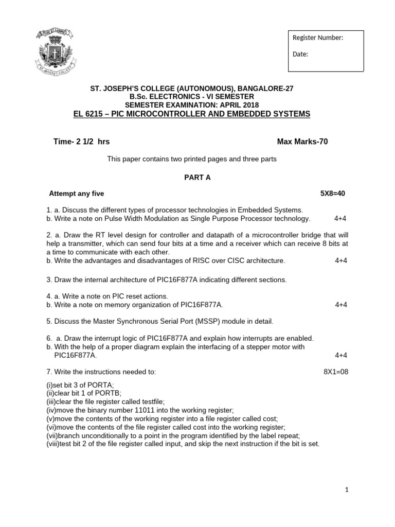 6th Sem Electronics EL 6215 - PIC Microcontroller and Embedded Systems April 2018 A | PDF ...