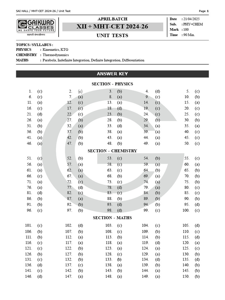 MHT-CET (Unit Test) April (Phy+Chem+Maths) Answer Key 21-04-2025 | PDF ...