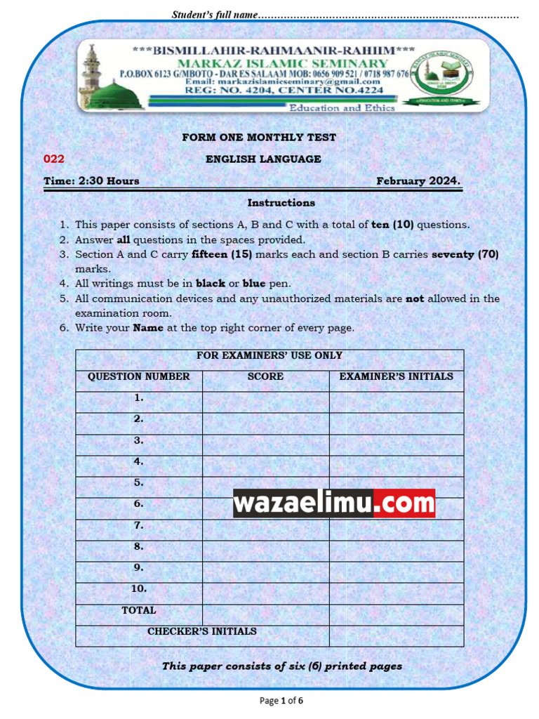Form One English Monthly Test February 2024 | PDF | Pronoun | Sentence ...