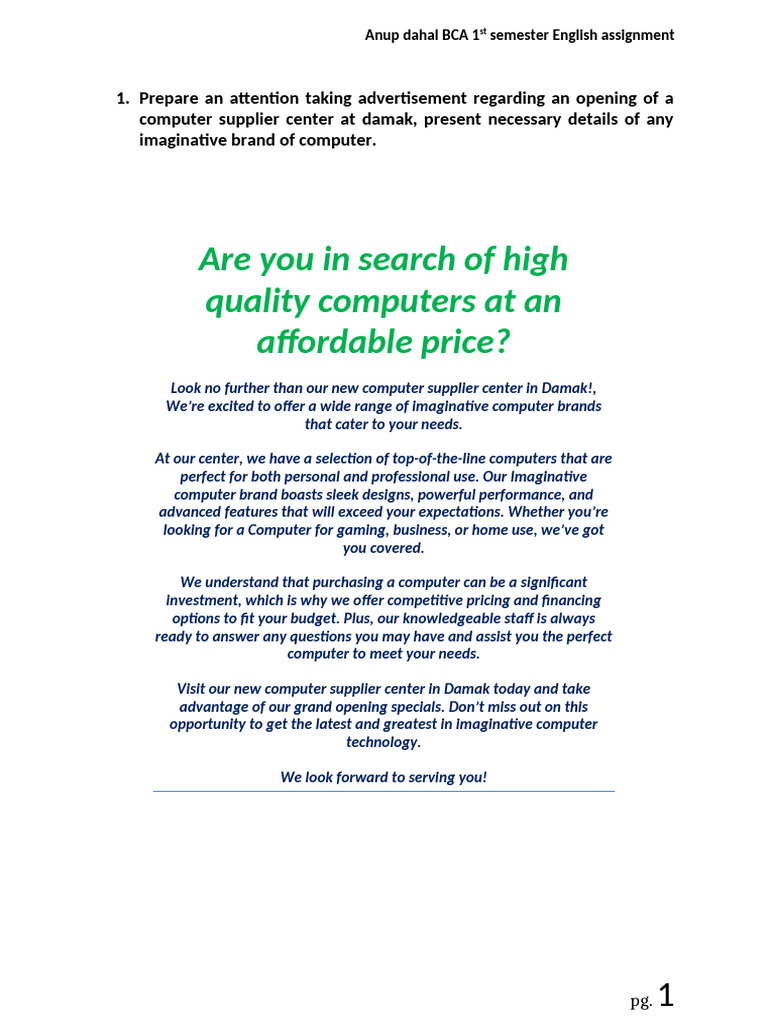 English Assignment Bca 1st | PDF | Marketing | Sales